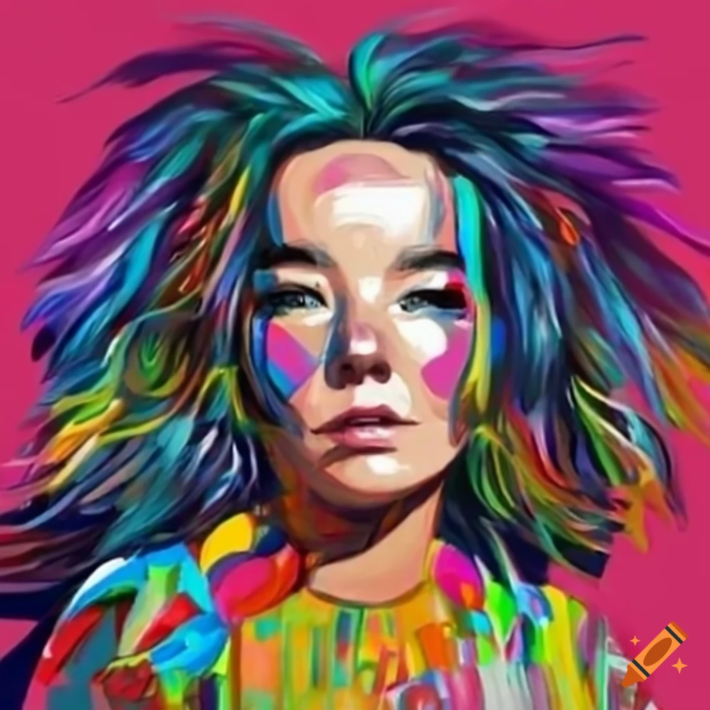 Cartoon drawing of Bjork's robot face on Craiyon