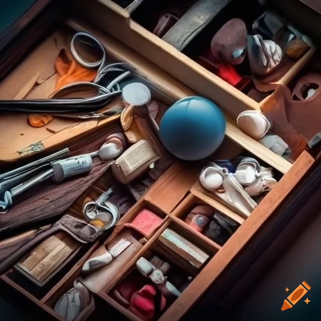 Realistic depiction of a junk drawer on Craiyon