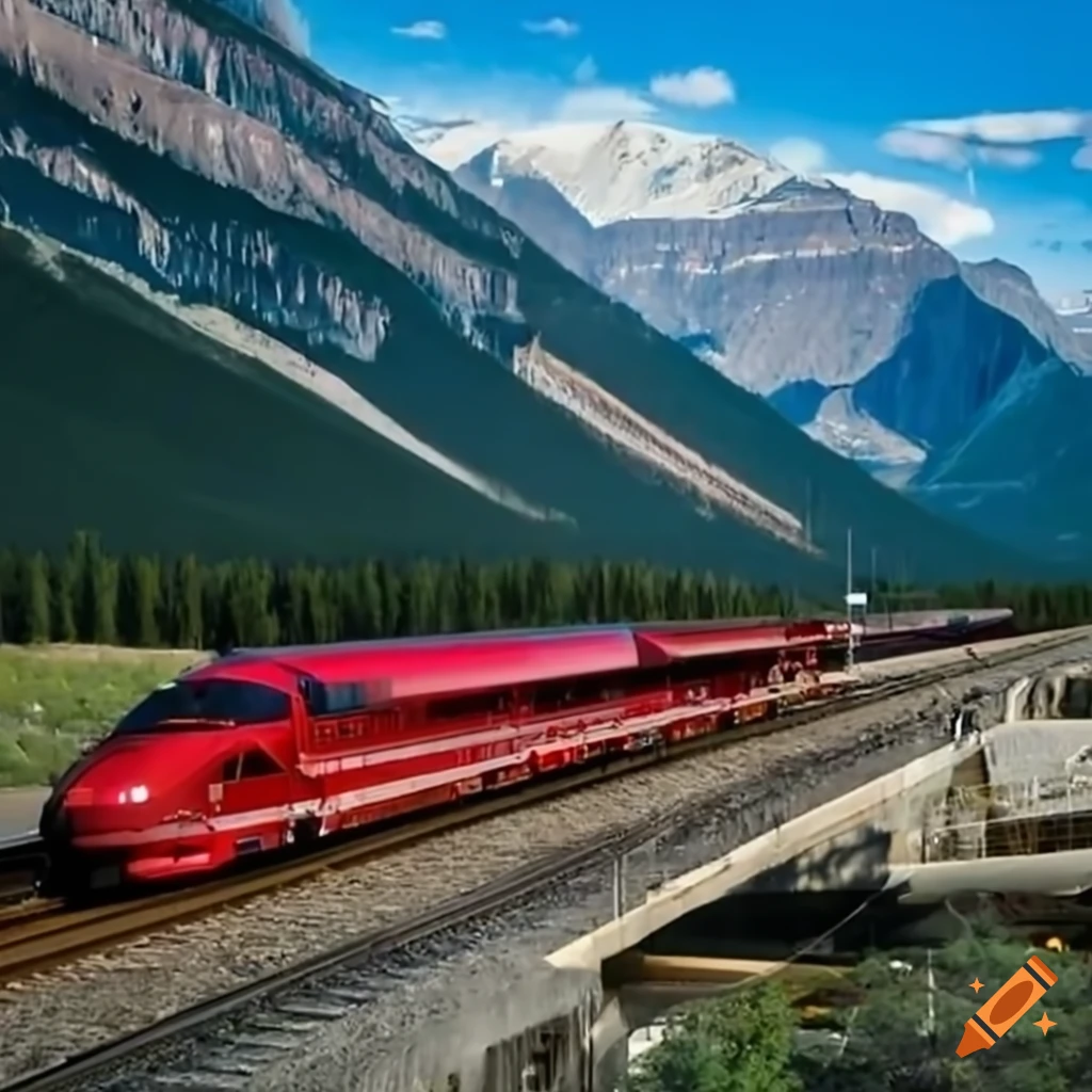 Modern red high-speed train in the canadian rockies