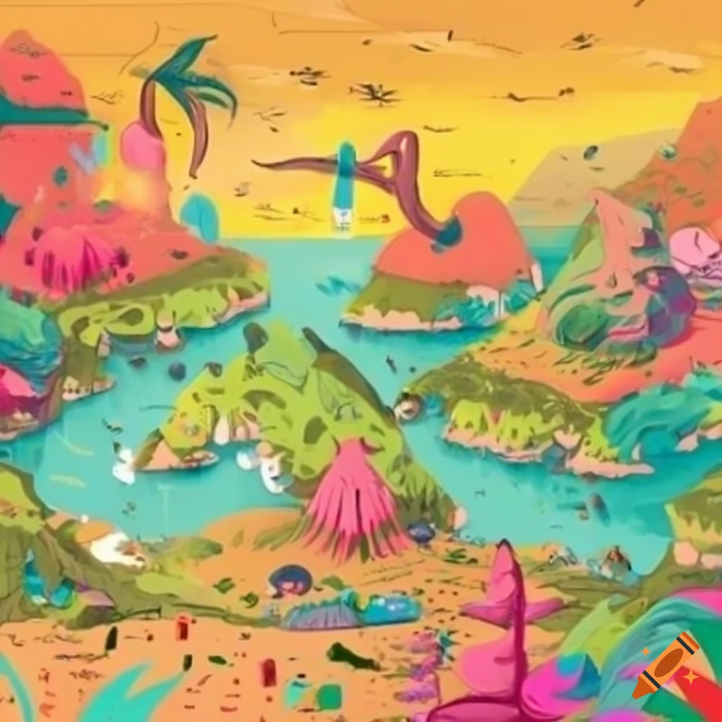 Vibrant illustration of ecosystems on a world map on Craiyon