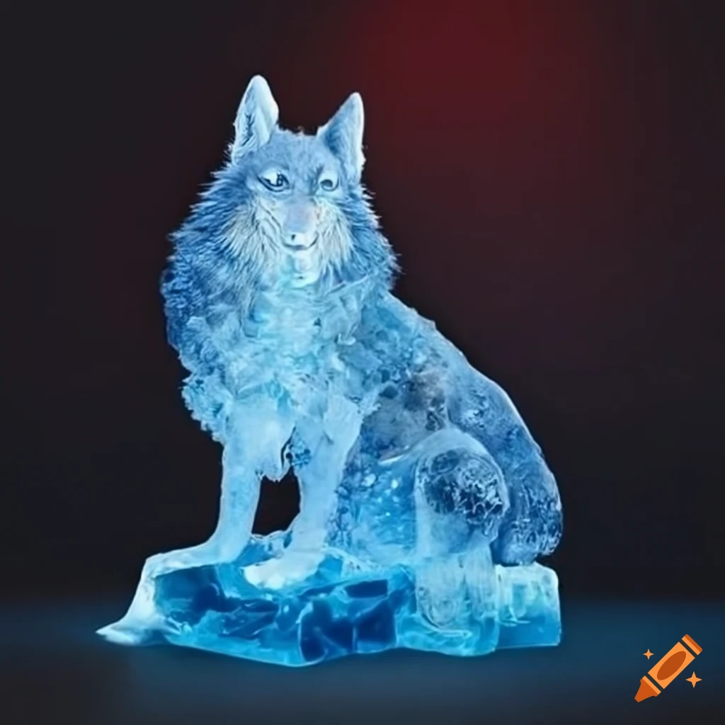 Majestic crystal wolf sculpture in a lush field on Craiyon
