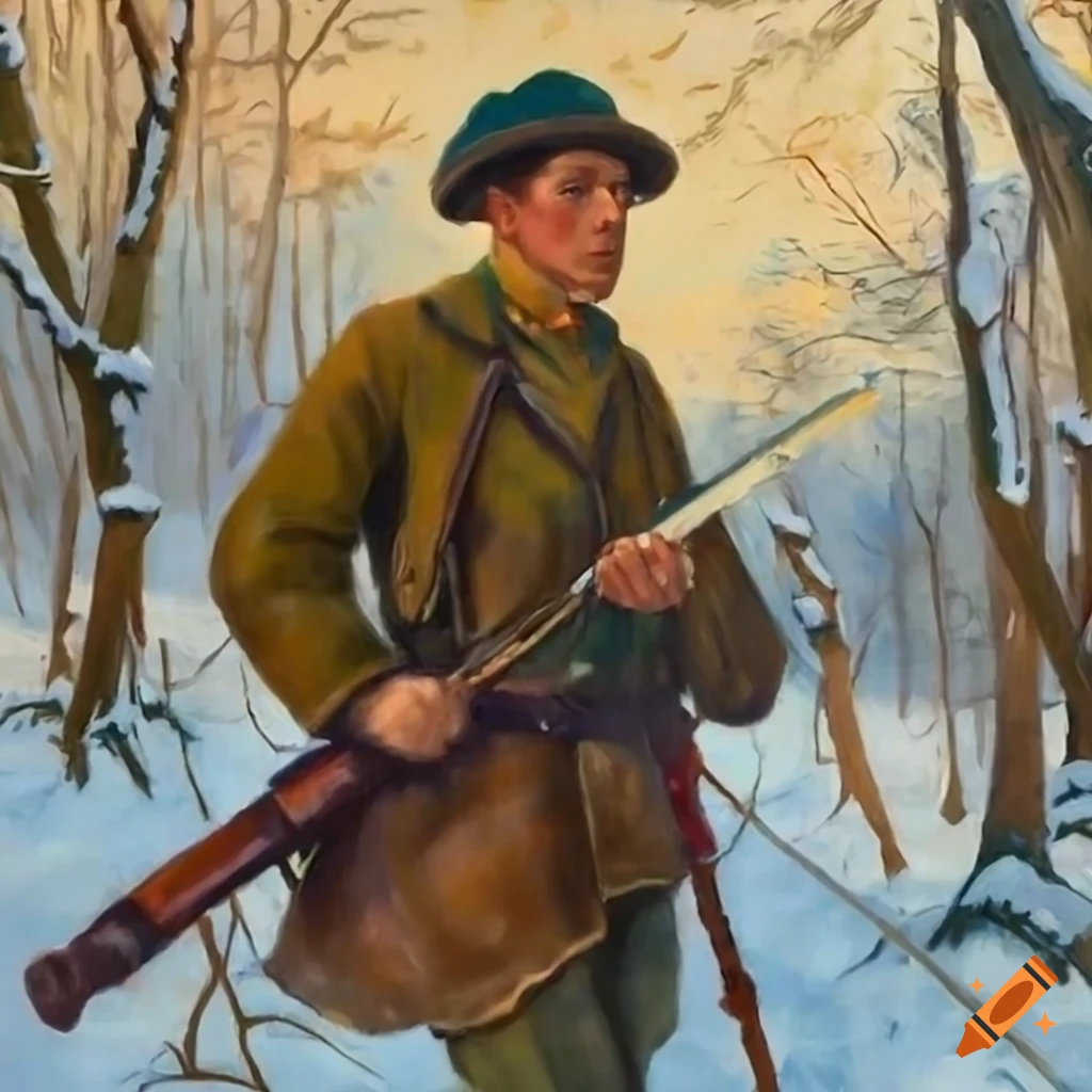 Hunter with bow hunting birds in winter landscape on Craiyon