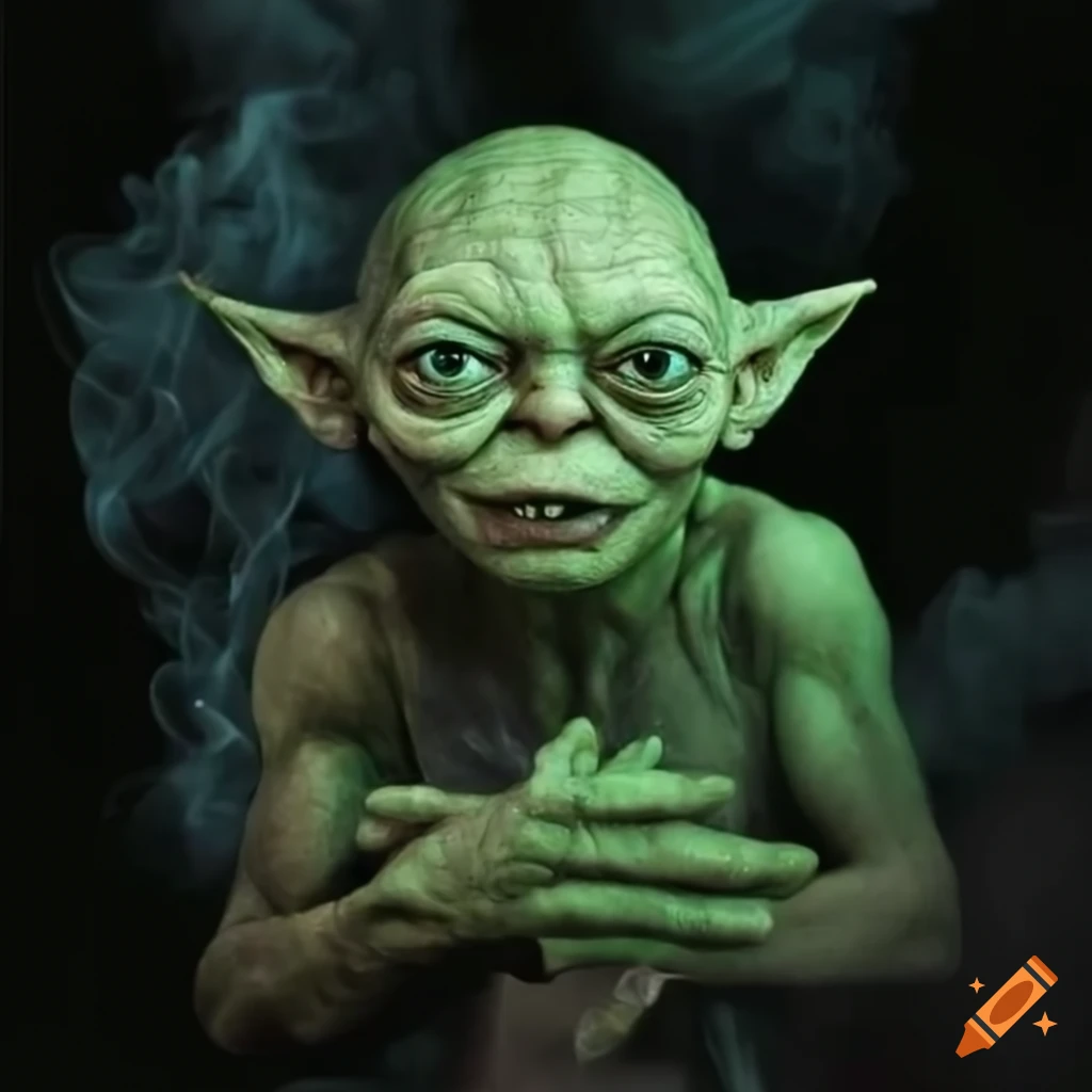 Satirical artwork of gollum yoda smoking green smoke
