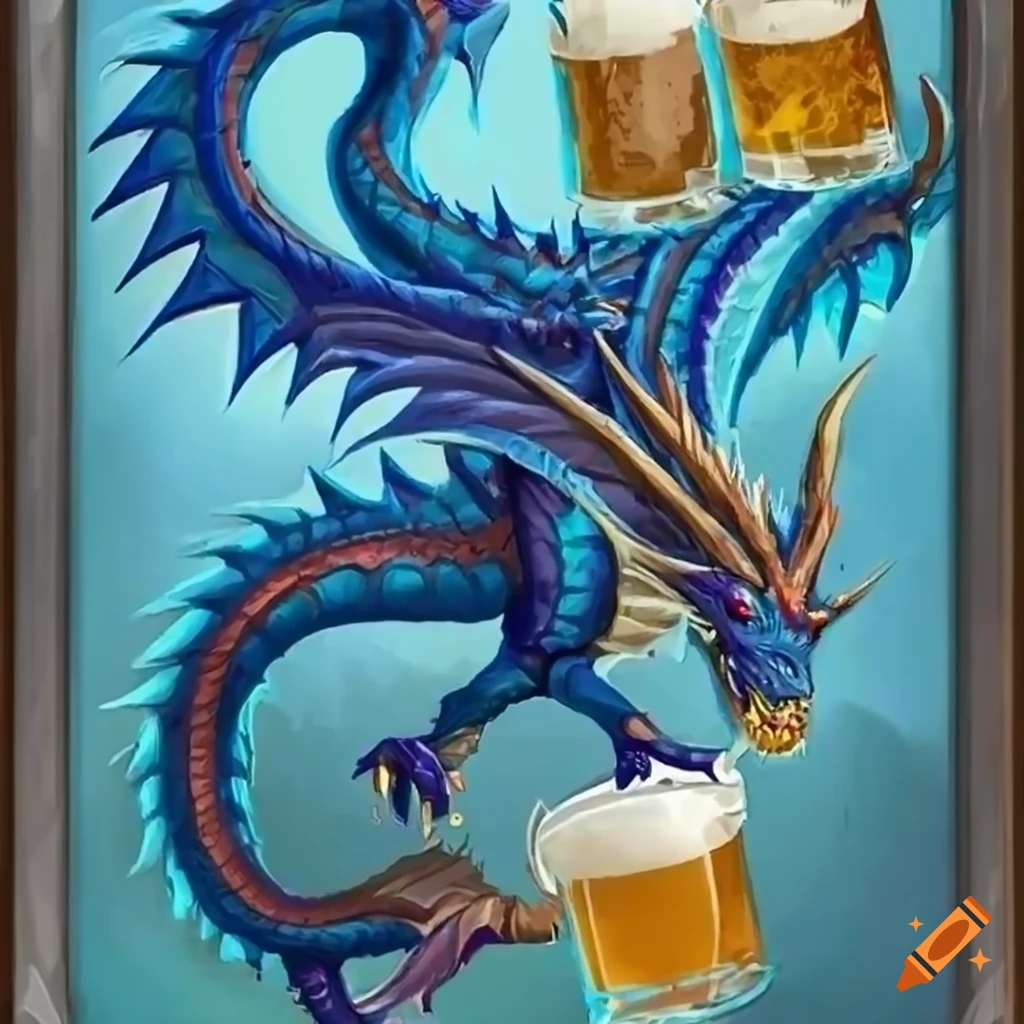 Illustration of a happy blue dragon holding beer on Craiyon