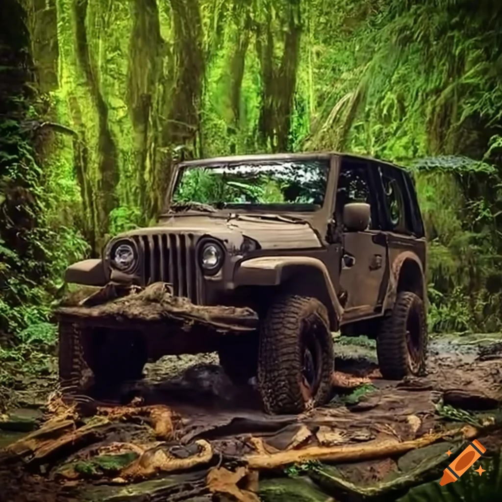Jeep in a rainforest clearing with a waterfall on Craiyon