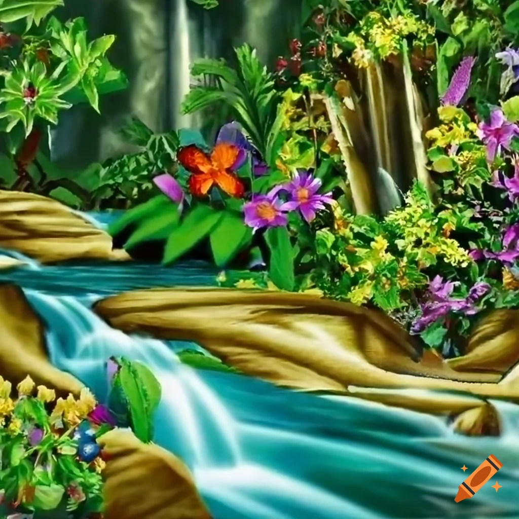 Video game style jungle with a waterfall on Craiyon