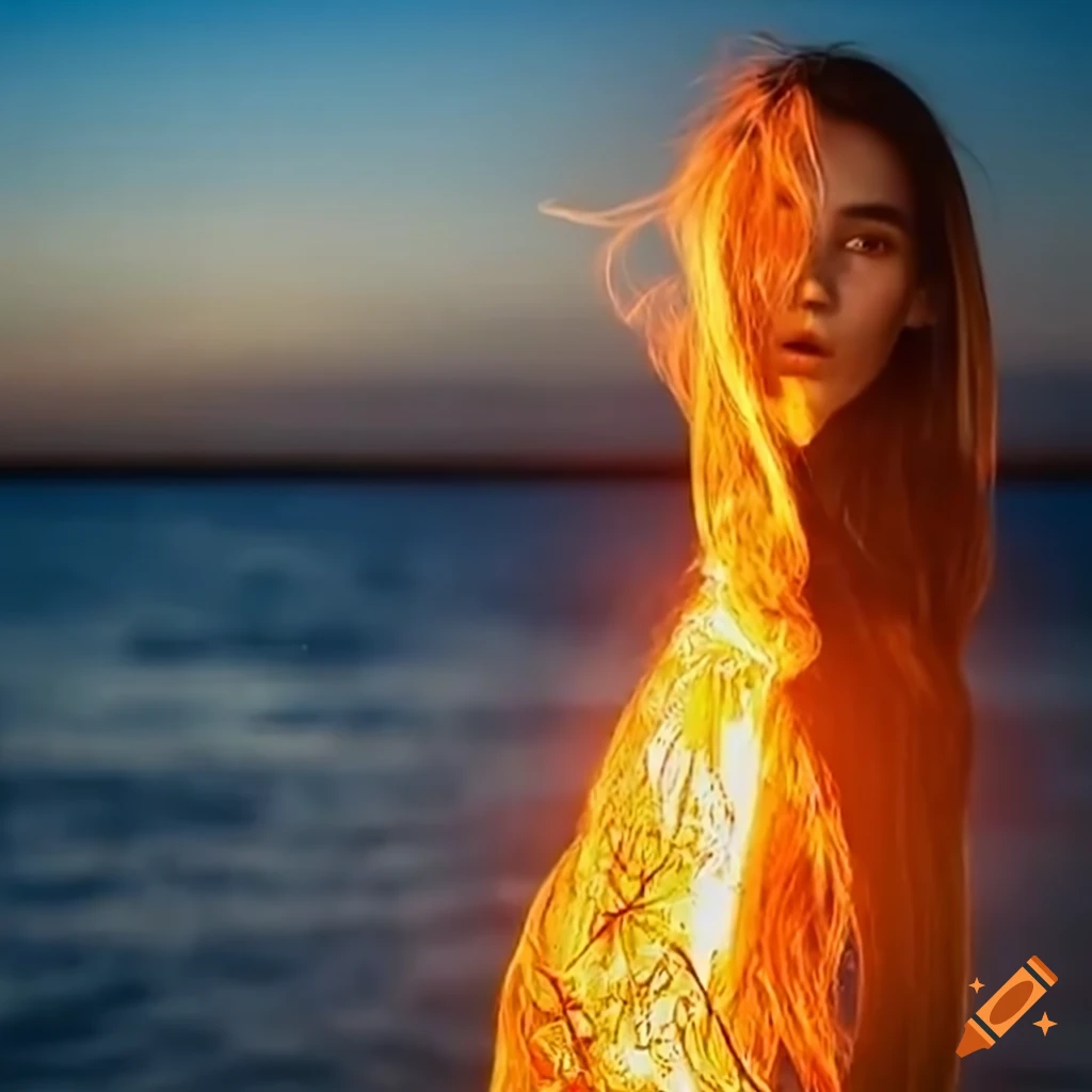 Artistic Representation Of Fire And Water Merging To Form A Girl On Craiyon