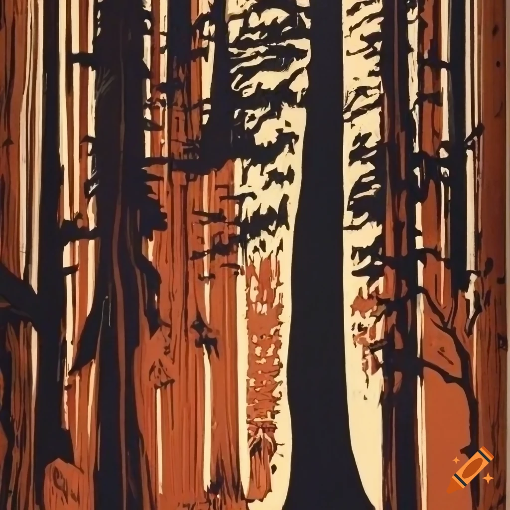 Redwood trees in linocut style on Craiyon