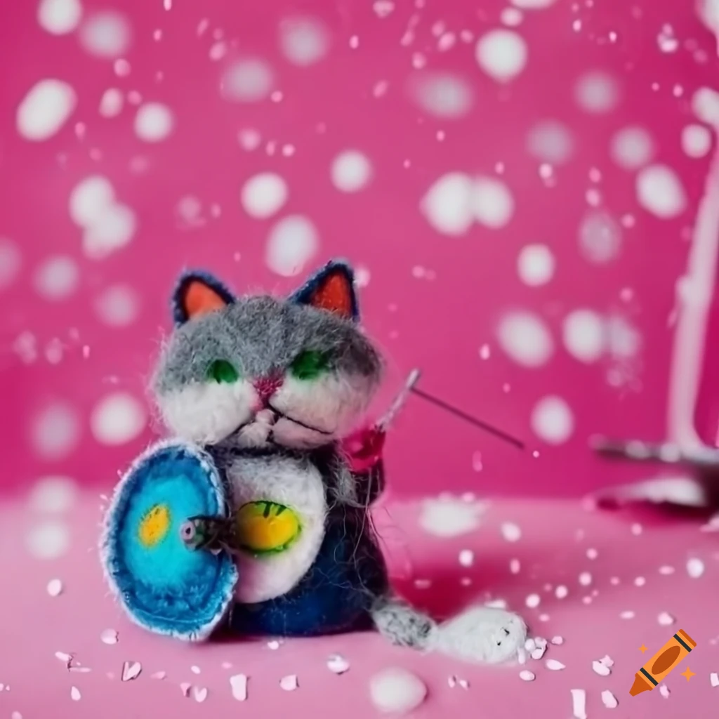 Needle felt cat playing drums on pink background on Craiyon