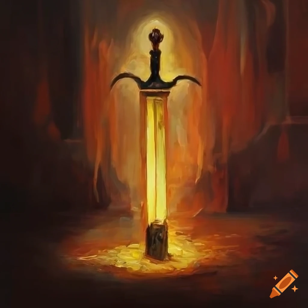 Oil painting of a luminous flaming golden sword on Craiyon