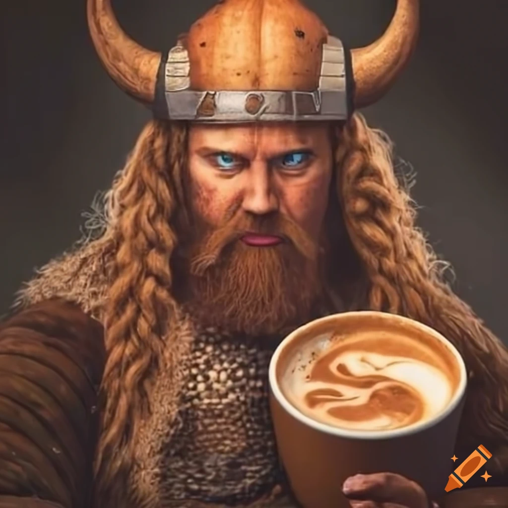 Humorous image of a viking with a pumpkin spice latte on Craiyon