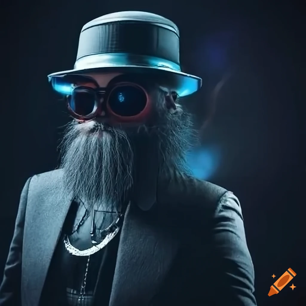 Futuristic rocking robot DJ with a beard and derby hat on Craiyon