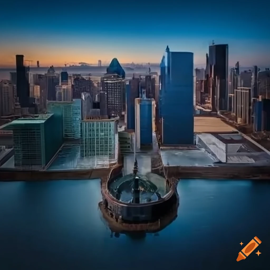 An aerial view of a commercial district with a glass walled big modern ...