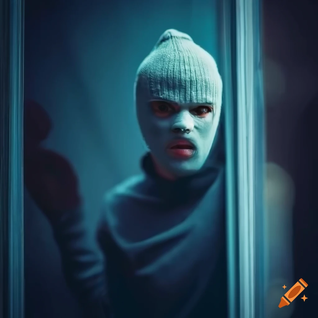 Mysterious man in a ski mask outside a glass door