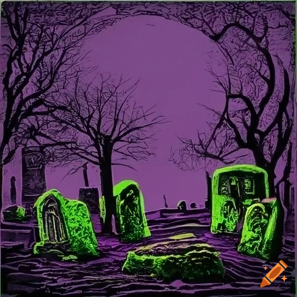 Linocut image of a moss-covered graveyard