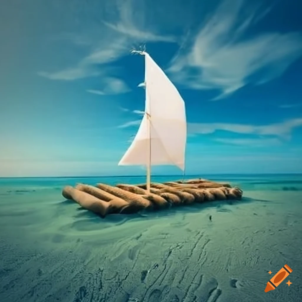 Wooden raft with a white sail on the sand on Craiyon