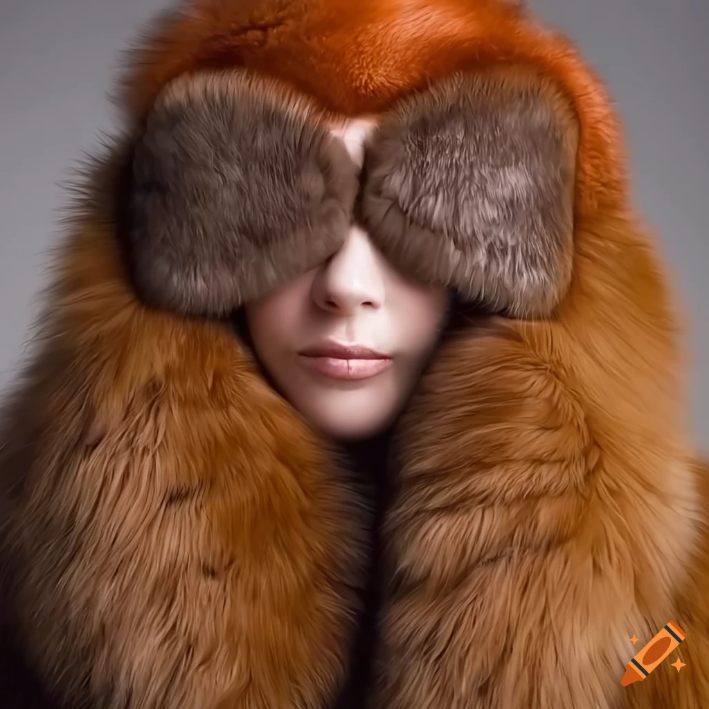 Woman with red hair wearing a fur coat and sleep mask on Craiyon