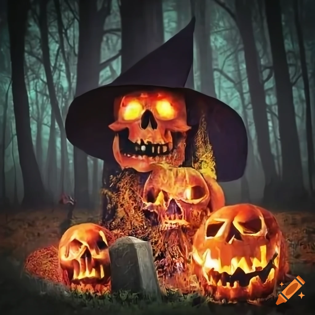 Halloween scene with skulls, pumpkin puppet, and bonfires