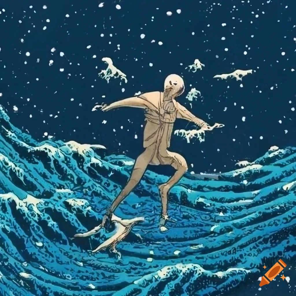 Katsushika Hokusai-inspired artwork of a floating humanoid figure in a ...