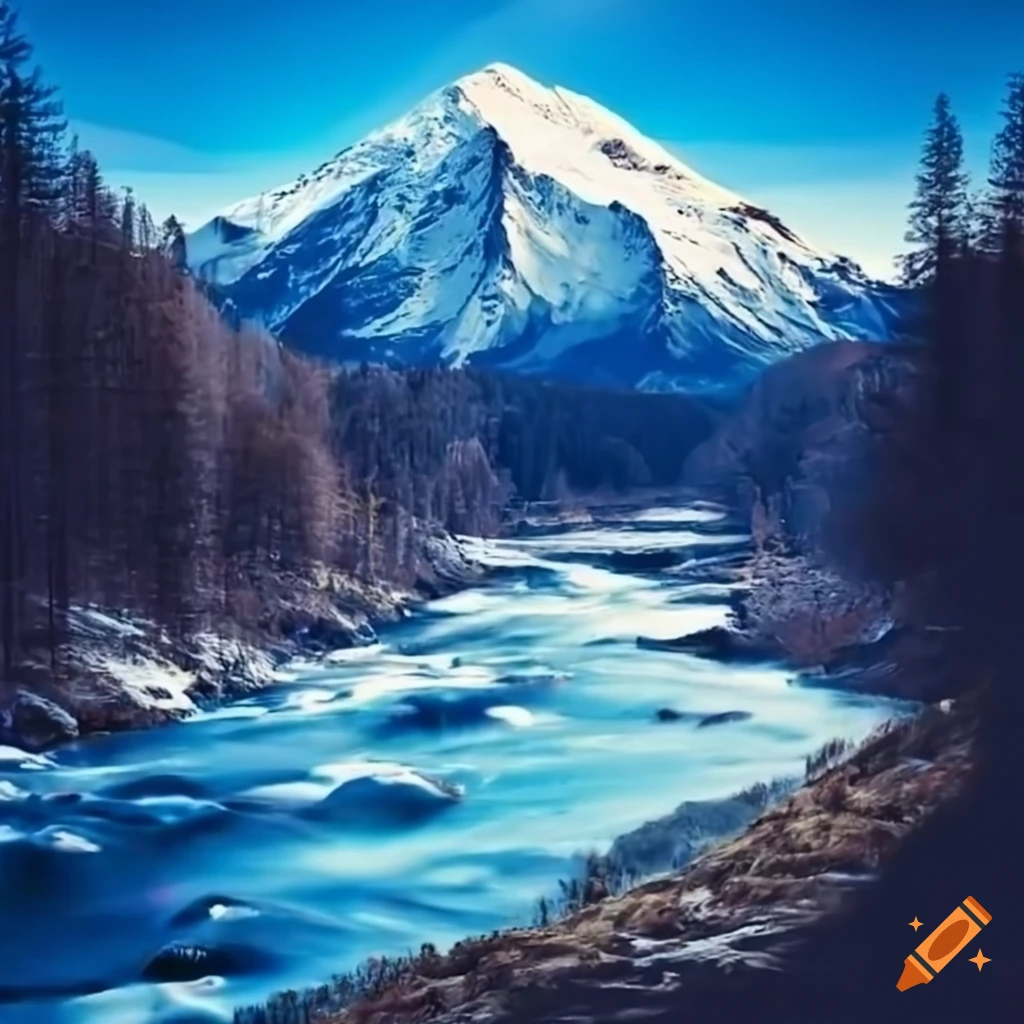 Snowy mountain and river landscape on Craiyon