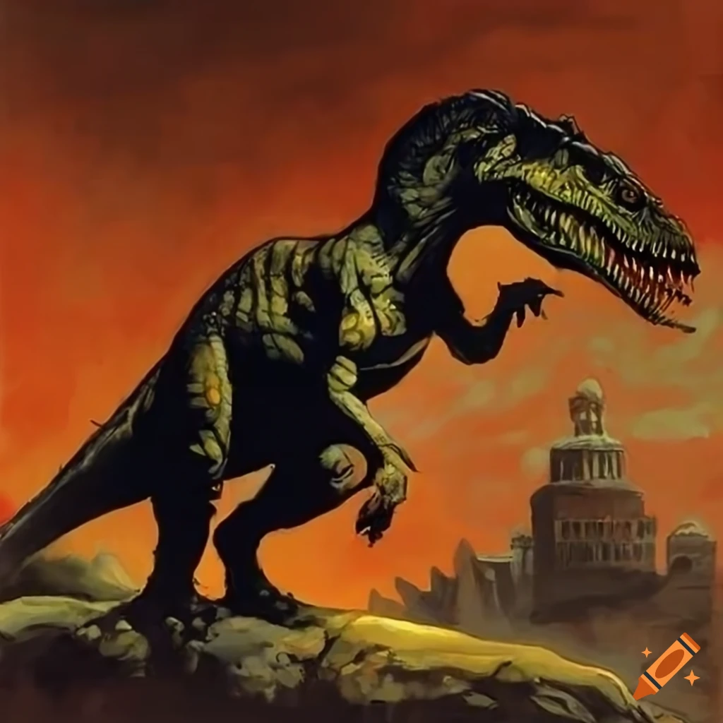 Frank frazetta's painting of a menacing allosaurus in an ancient city on Craiyon