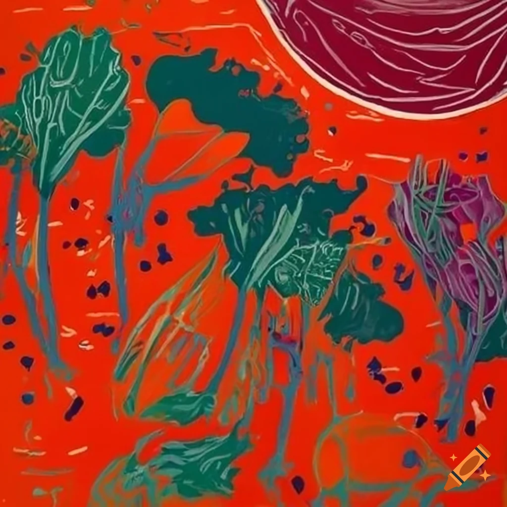 Vibrant lino print of a vegetable garden