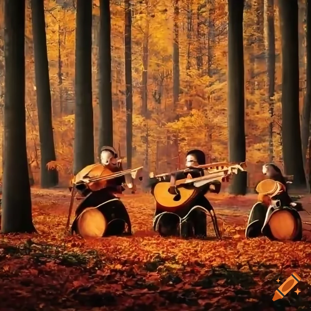 Musicians playing folk instruments in autumn forest on Craiyon