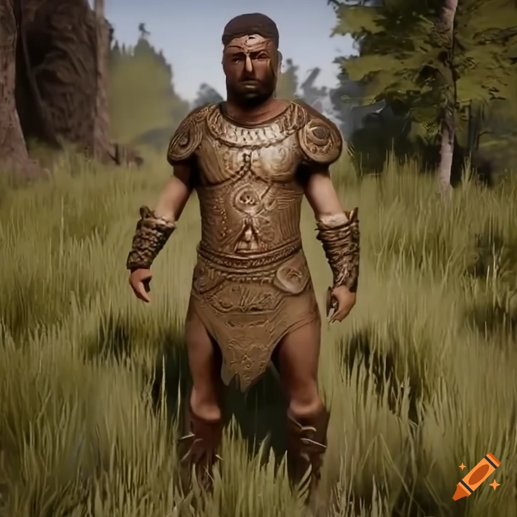Brown-haired warrior man in golden armor in grassland on Craiyon