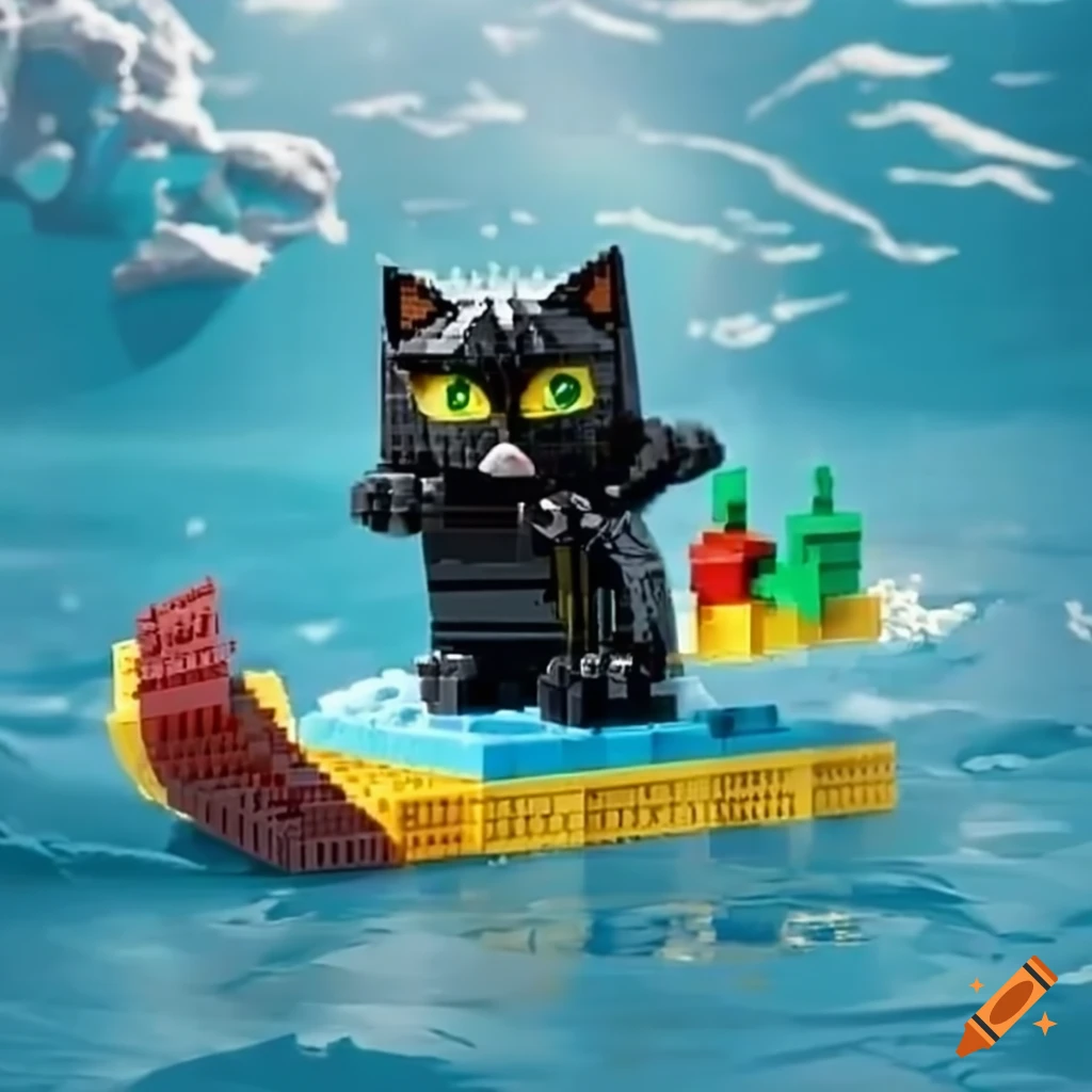Lego black cat surfing at the ocean on Craiyon