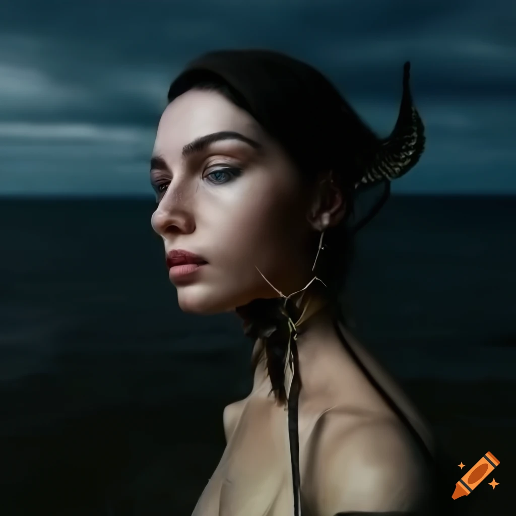 Detailed portrait of a bold woman on a stormy shore on Craiyon