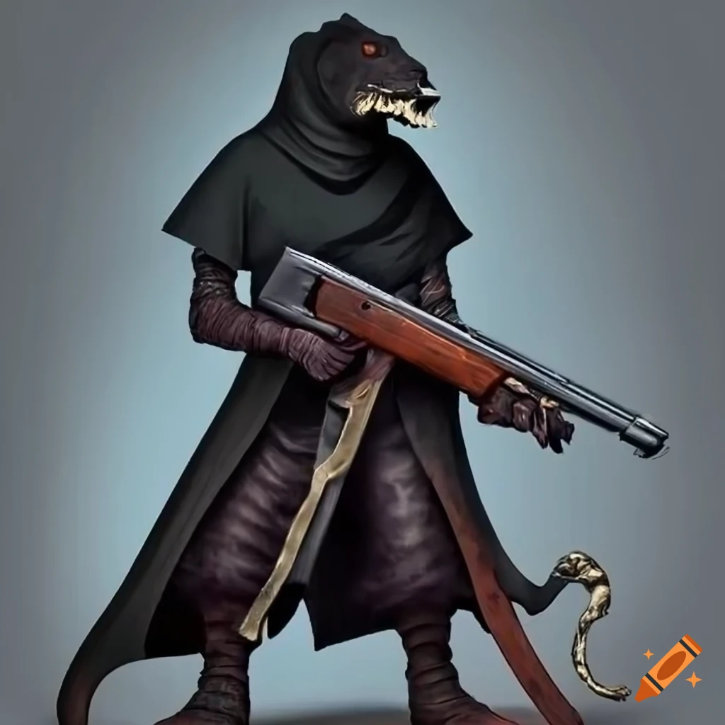 Image of a black scaled kobold with a shotgun on Craiyon
