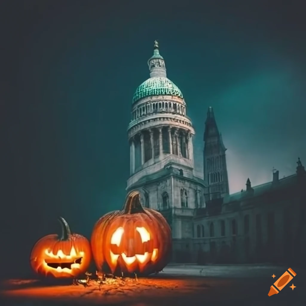 Spooky london landmarks with pumpkins