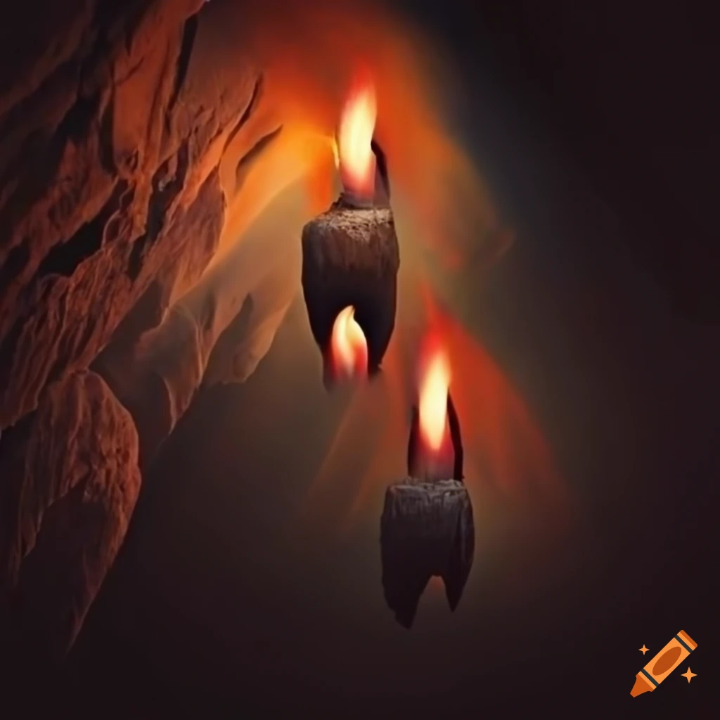 Photo of a mysterious cave with flaming torches on Craiyon