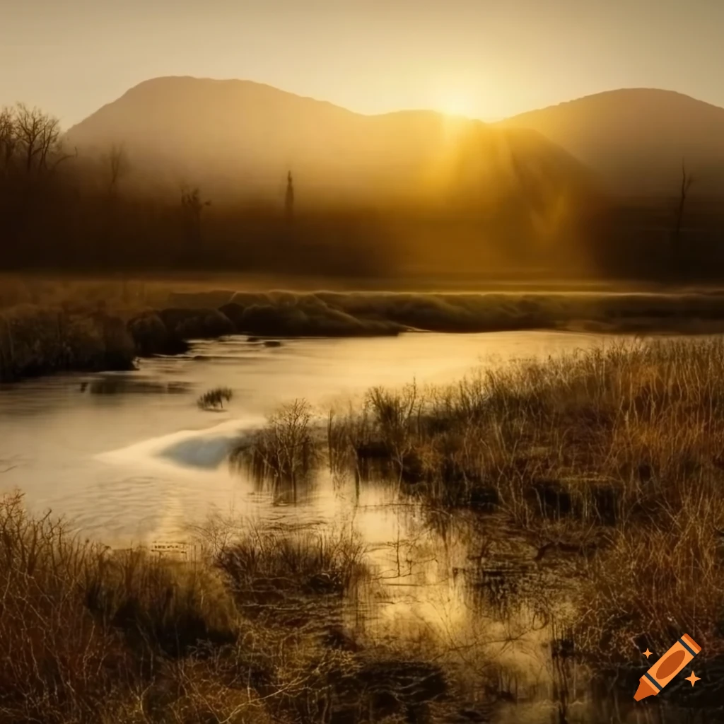 Moorland at sunset with stream and hill on Craiyon
