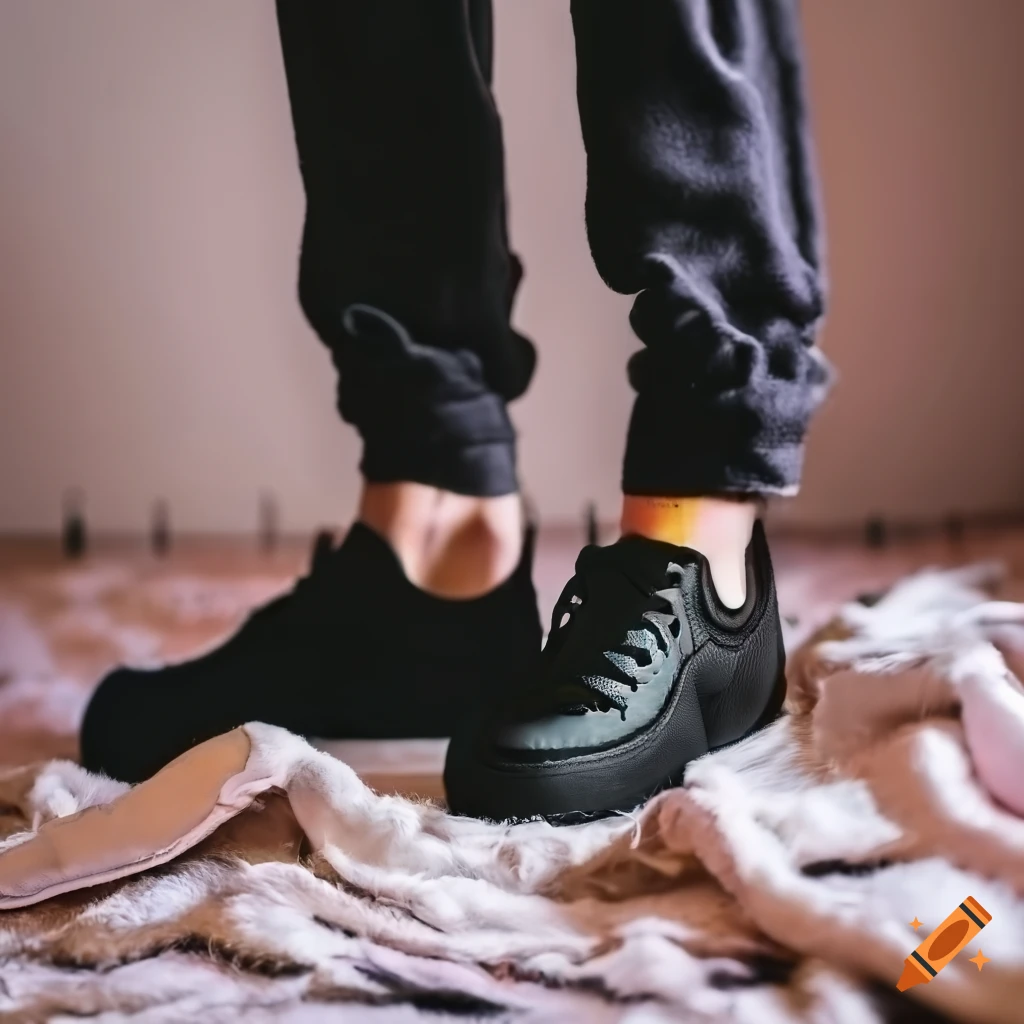 Close-up of black AF1 shoes on a messy blanket on Craiyon