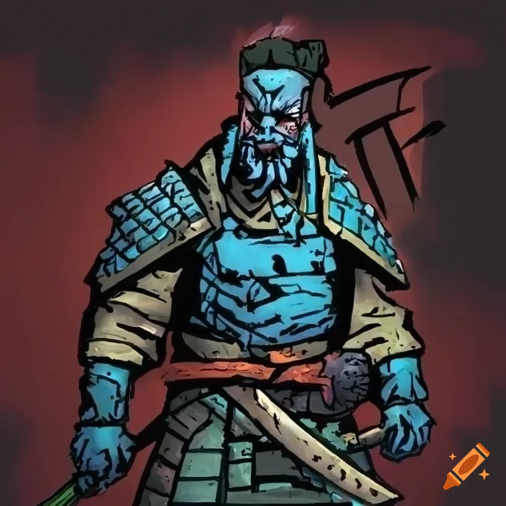 Artwork of a blue bearded samurai