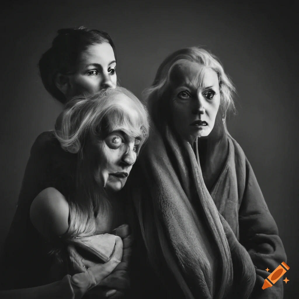 Black and white photo of three women huddled together in a medieval ...