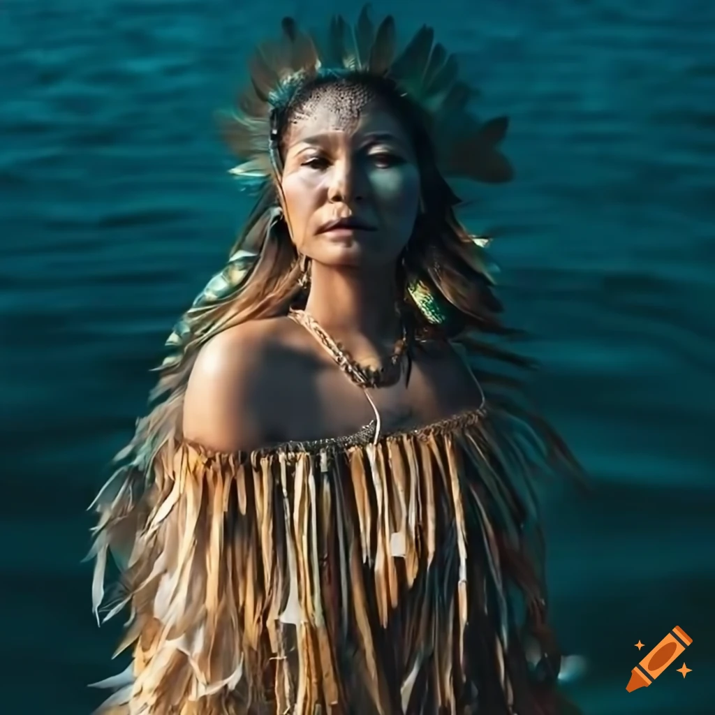 Portrait of a native woman with feathers and abalone shells on Craiyon