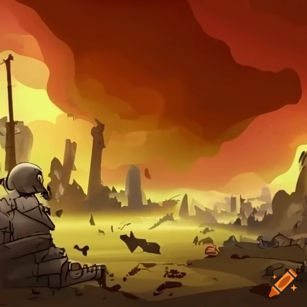 Cartoon depiction of a deserted battle aftermath on Craiyon