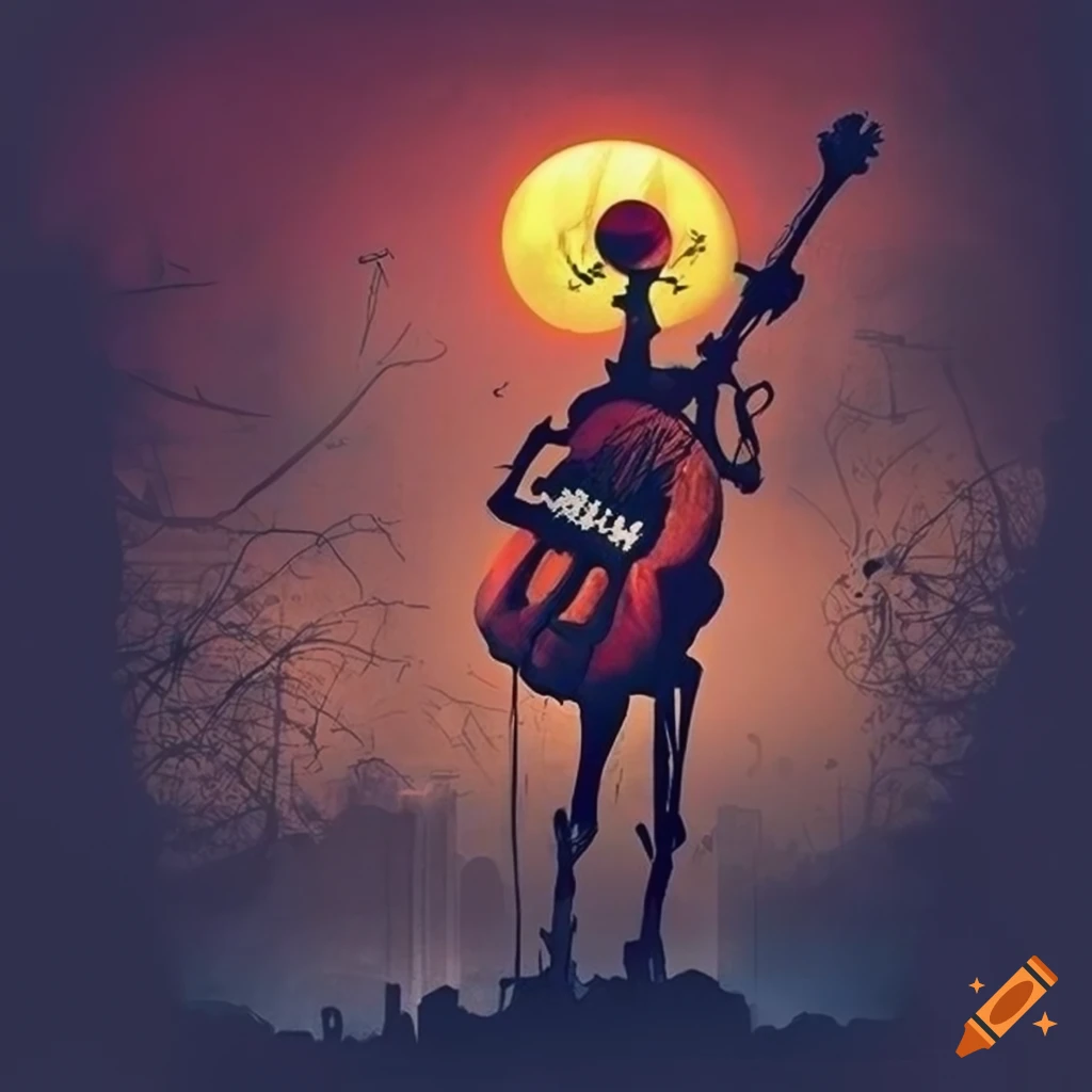 Halloween music concert poster with guitar and skeleton pumpkins