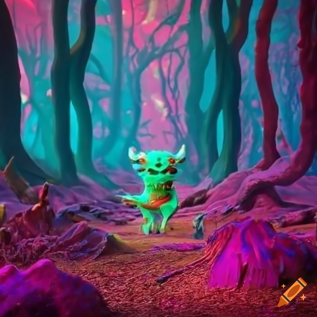 Vibrantly colored mystical beast in a candy forest on Craiyon