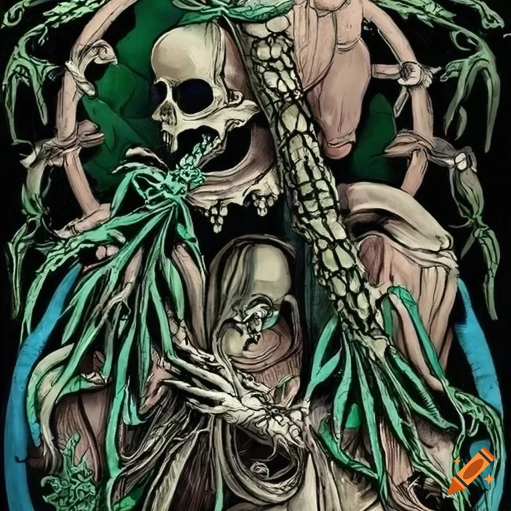 Art nouveau style depiction of a marijuana skeleton on Craiyon
