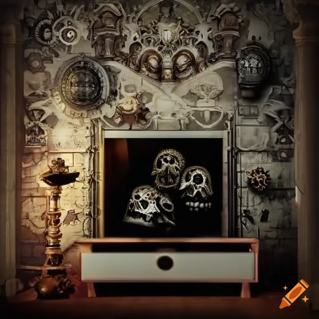 Surrealist steampunk living room with skull decor