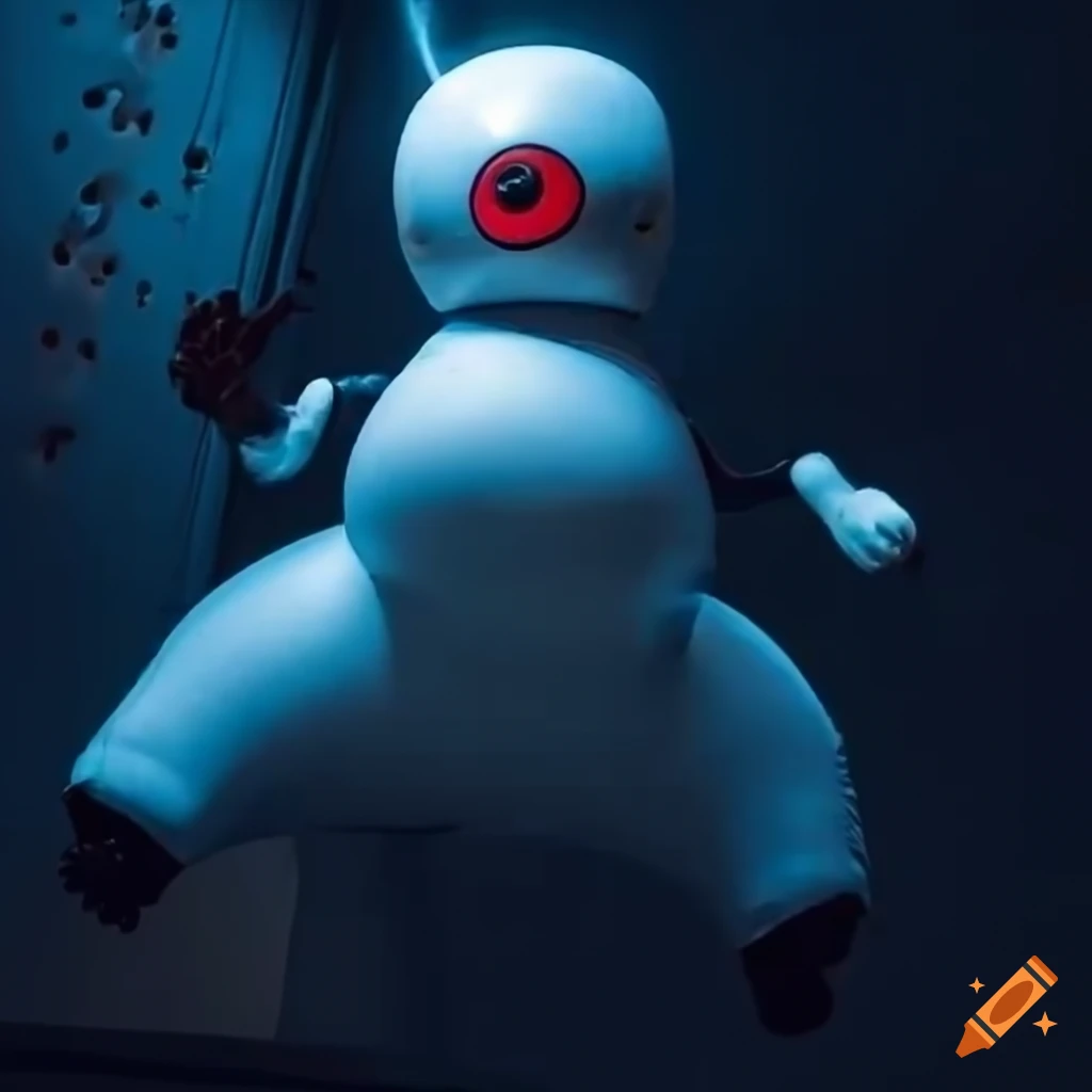 Adorable inflatable latex robot in a dark sci-fi test chamber on Craiyon
