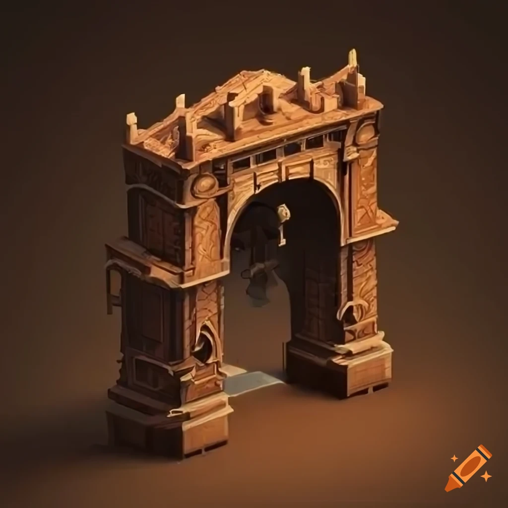 Isometric game art of an intricately carved wooden gate on Craiyon