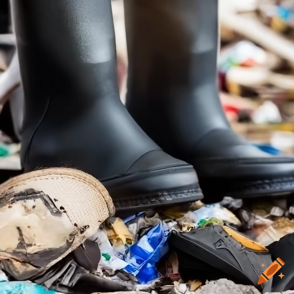 Close-up of black rubber boots walking on garbage on Craiyon