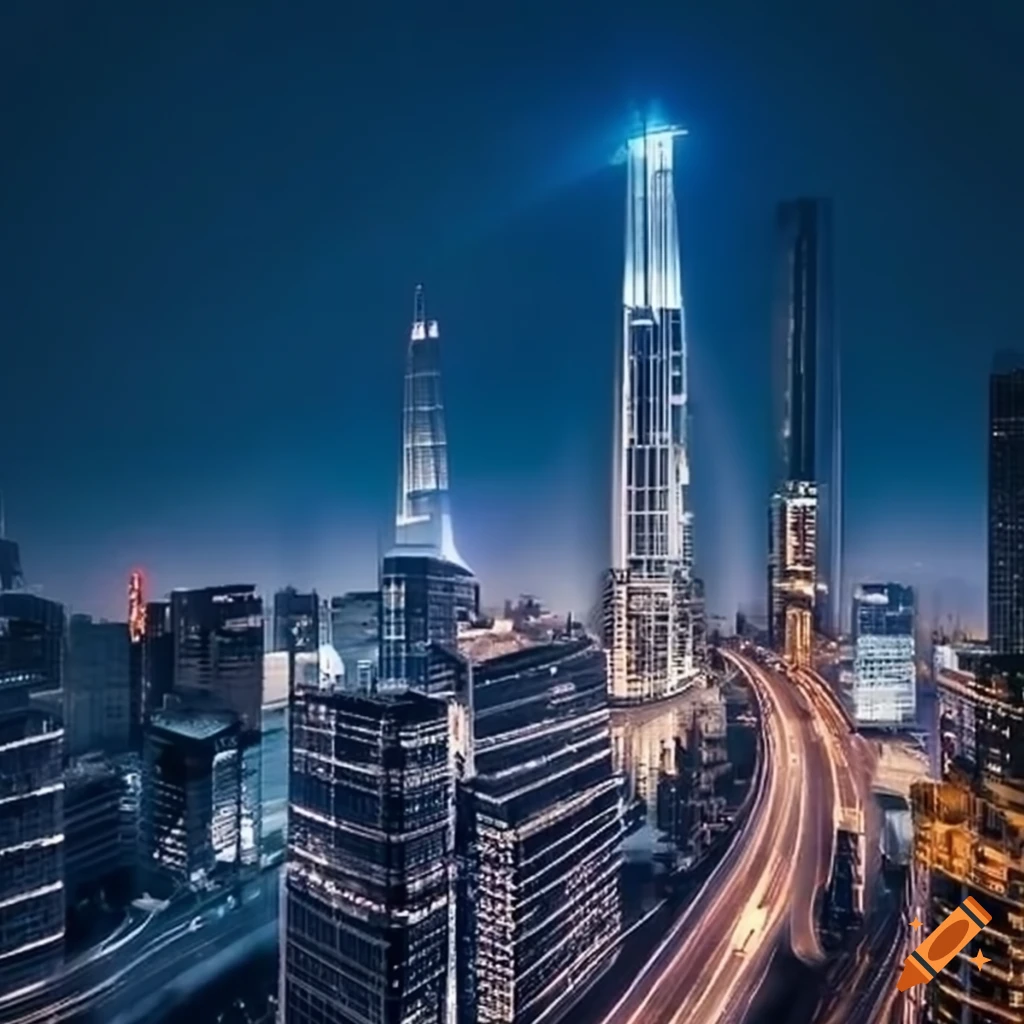 Futuristic city with skyscrapers and highways on Craiyon