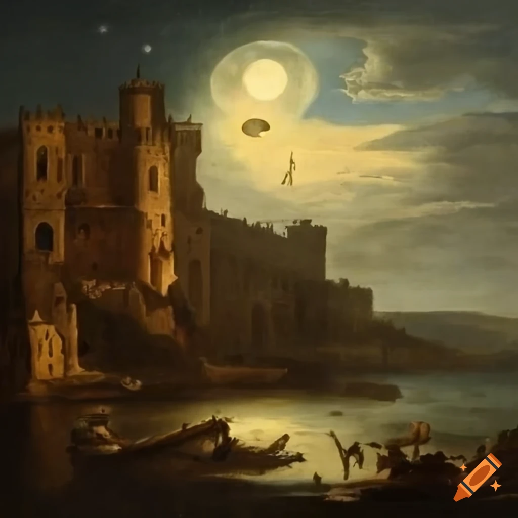 17th century painting of a castle in moonlight on Craiyon