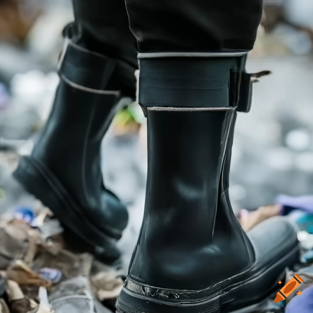 Close-up of black rubber boots with steel-caps on piles of trash