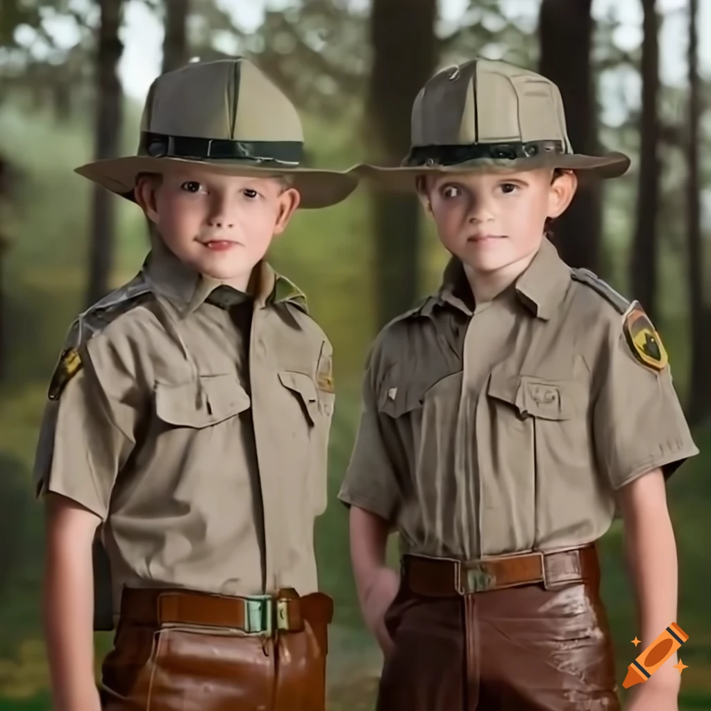 Two boys in park ranger uniform standing in a forest